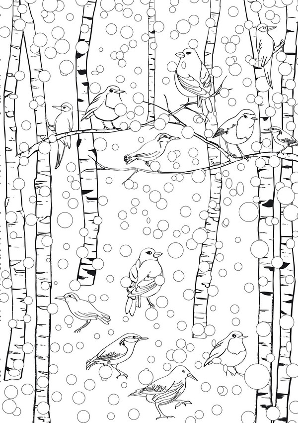 Coloriage Anti stress Hiver Oiseaux En Hiver Sous La Neige 3