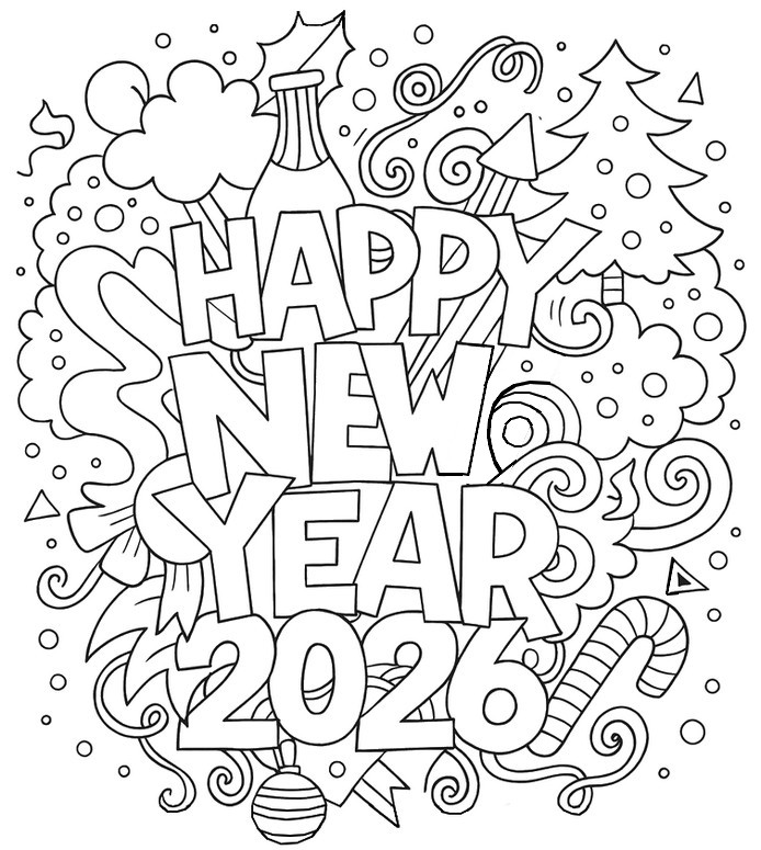 Dibujo para colorear relajante Feliz Ano Nuevo 2026 : Happy New Year 1