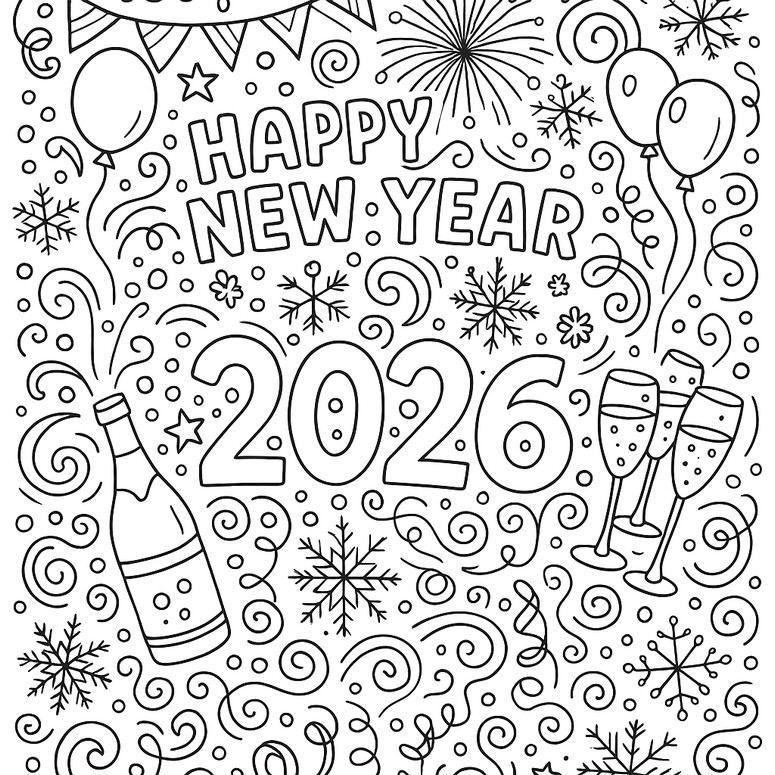 Dibujo para colorear relajante Feliz Ano Nuevo 2026 : Doodle 4